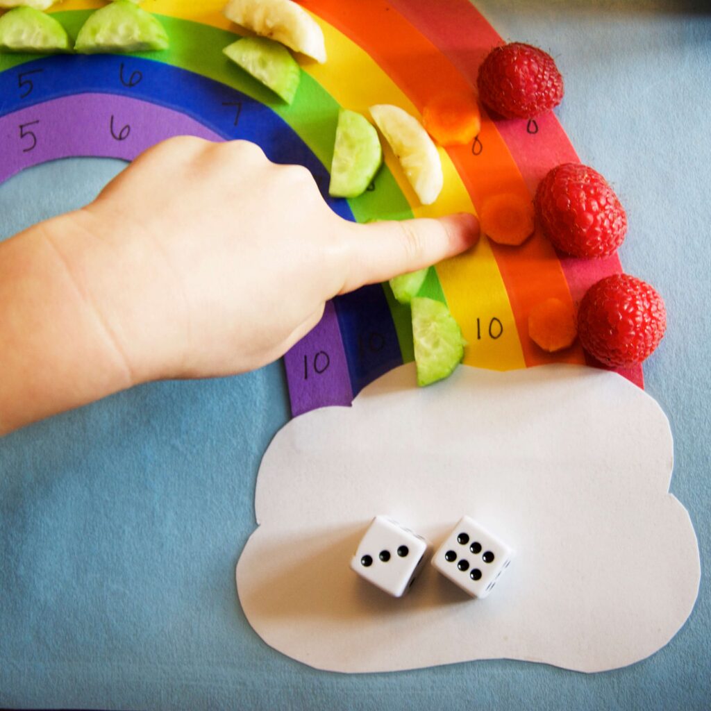 Roll a Rainbow Snack Dice Game - Playdough To Plato