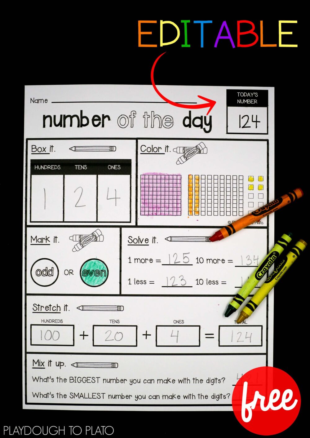 EDITABLE Number of the Day Sheet - Playdough To Plato